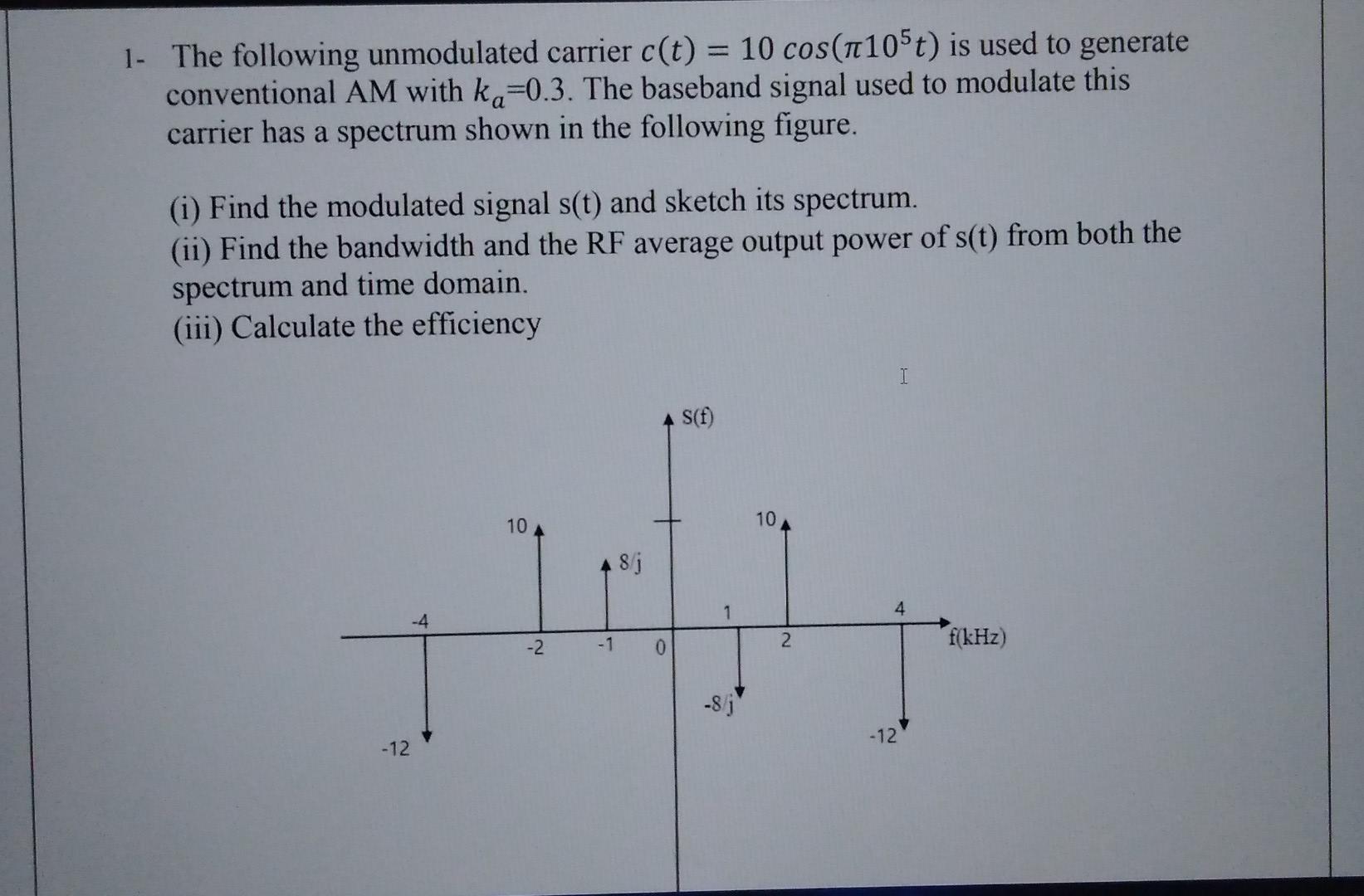 Solved 1- The following unmodulated carrier c(t) = 10 | Chegg.com