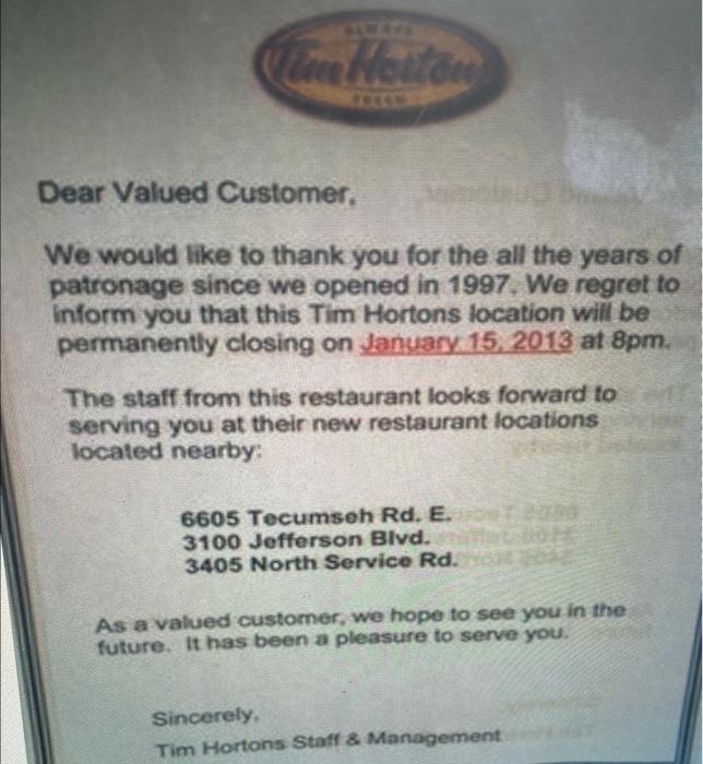 Solved Dear Valued Customer. We would like to thank you for | Chegg.com