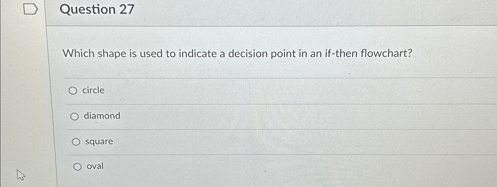 Solved Question 27Which shape is used to indicate a decision | Chegg.com