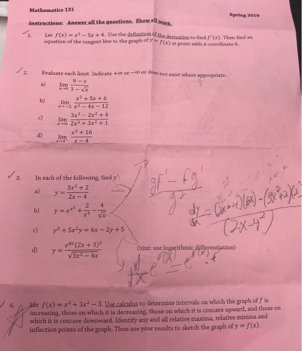 Solved Mathematics 131 Spring 2019 Instructions: Answer all | Chegg.com