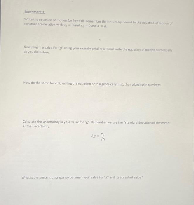 Solved Experiment 3: Free FallExperiment 3 : Write the | Chegg.com