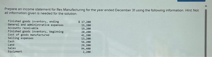 Solved Prepare an income statement for Rex Manufacturing for | Chegg.com