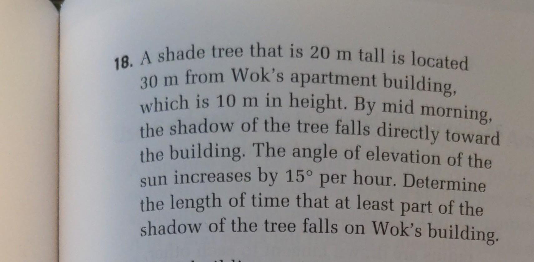 Solved 18. A shade tree that is 20 m tall is located 30 m | Chegg.com