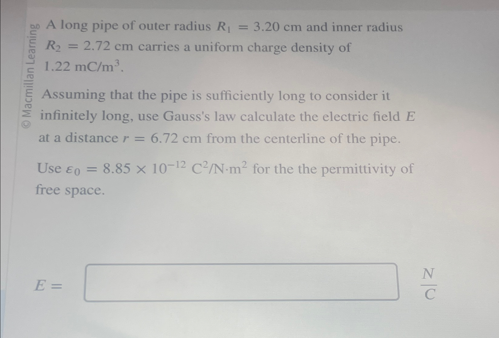 Solved 5∞A long pipe of outer radius R1=3.20cm ﻿and inner | Chegg.com