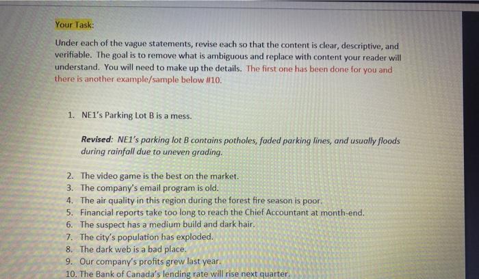 Solved Your Task: Under each of the vague statements, revise | Chegg.com