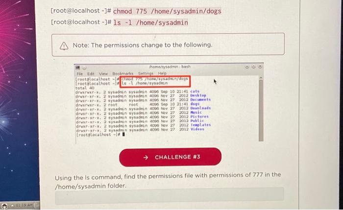 1[root@localhost -]\# chmod 775 /home/sysadmin/dogs | Chegg.com
