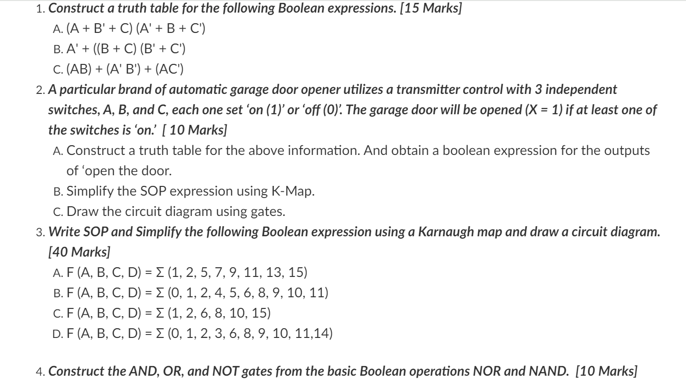 Solved Construct A Truth Table For The Following Boolean