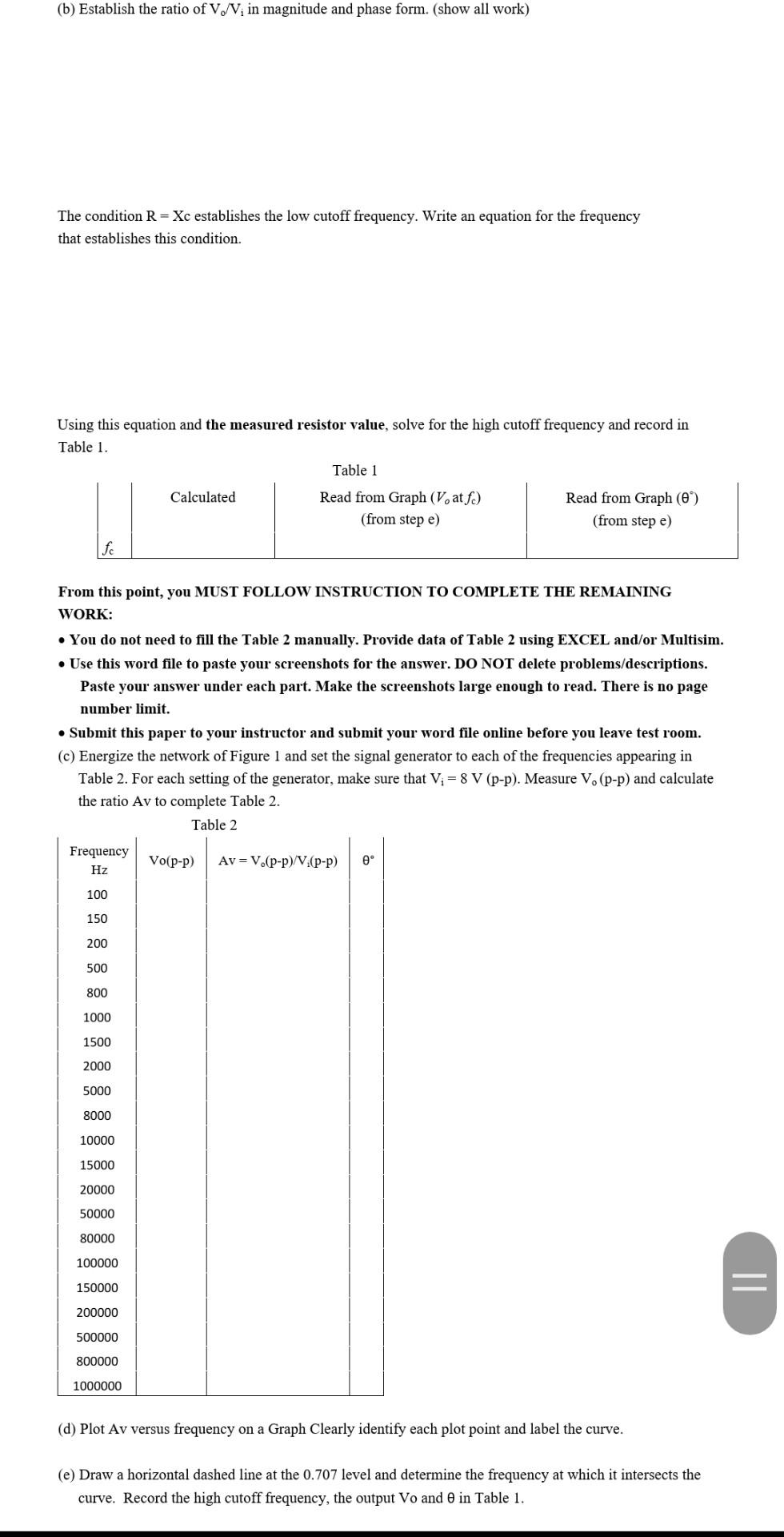 Solved Exam 3 Lab Ver B. Use Excel or MultiSim Low-pass R-C | Chegg.com