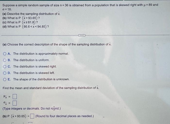 Solved Suppose a simple random sample of size n=36 is | Chegg.com