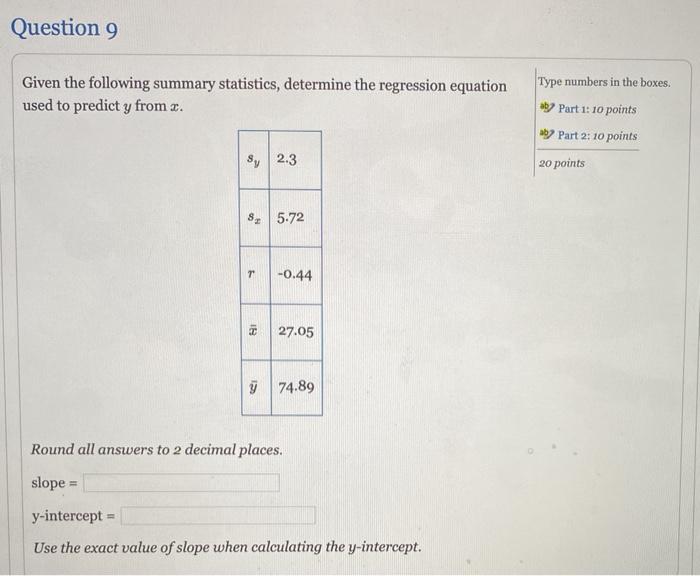 Solved Question 9 Given the following summary statistics, | Chegg.com