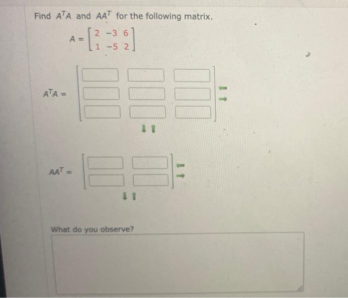 Solved Find ATA and AAT for the following matrix. 2-3 6 A = | Chegg.com