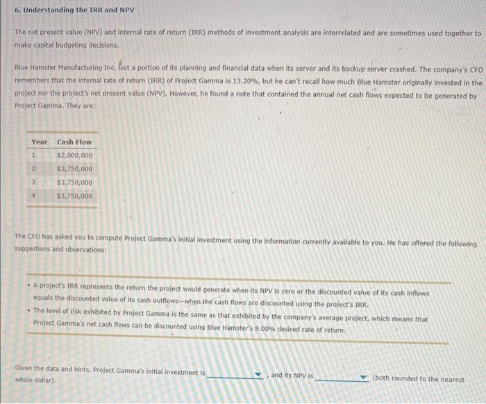 Solved 6. Understanding the IRR and NPV The net present | Chegg.com