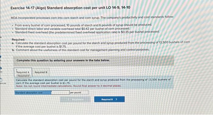 Solved Exercise 14-17 (Algo) Standard absorption cost per | Chegg.com