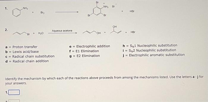Solved 1. 2. ↷Br+H2O Aqueous acetone e= Electrophilic | Chegg.com