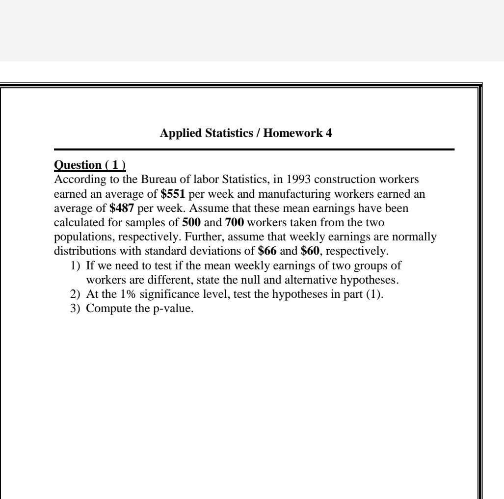 Solved Applied Statistics / Homework 4 Question (1) | Chegg.com