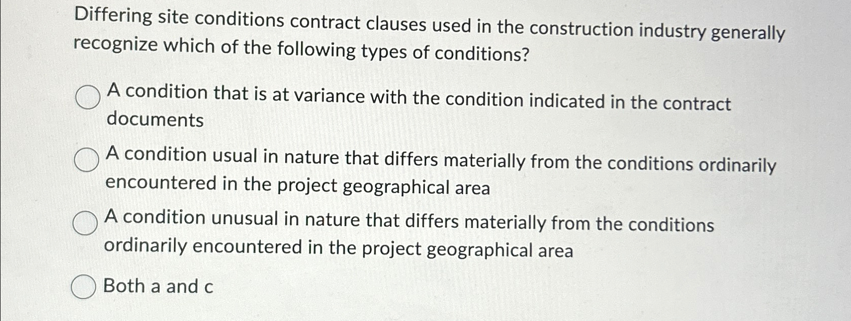 Solved Differing site conditions contract clauses used in | Chegg.com