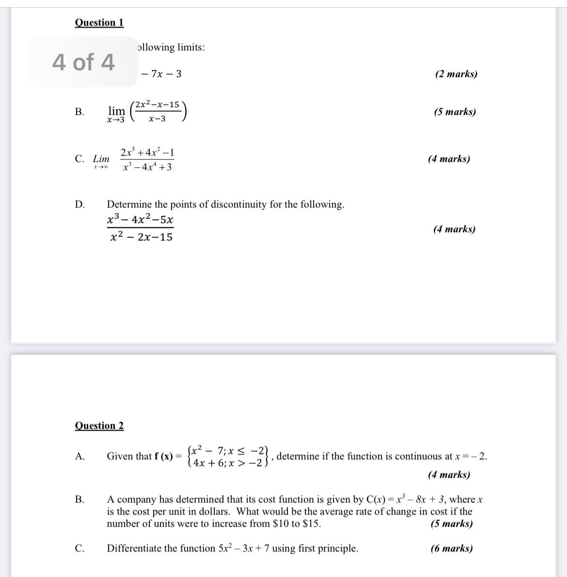 Solved Question 1ollowing limits:4 of 4-7x-3(2 | Chegg.com