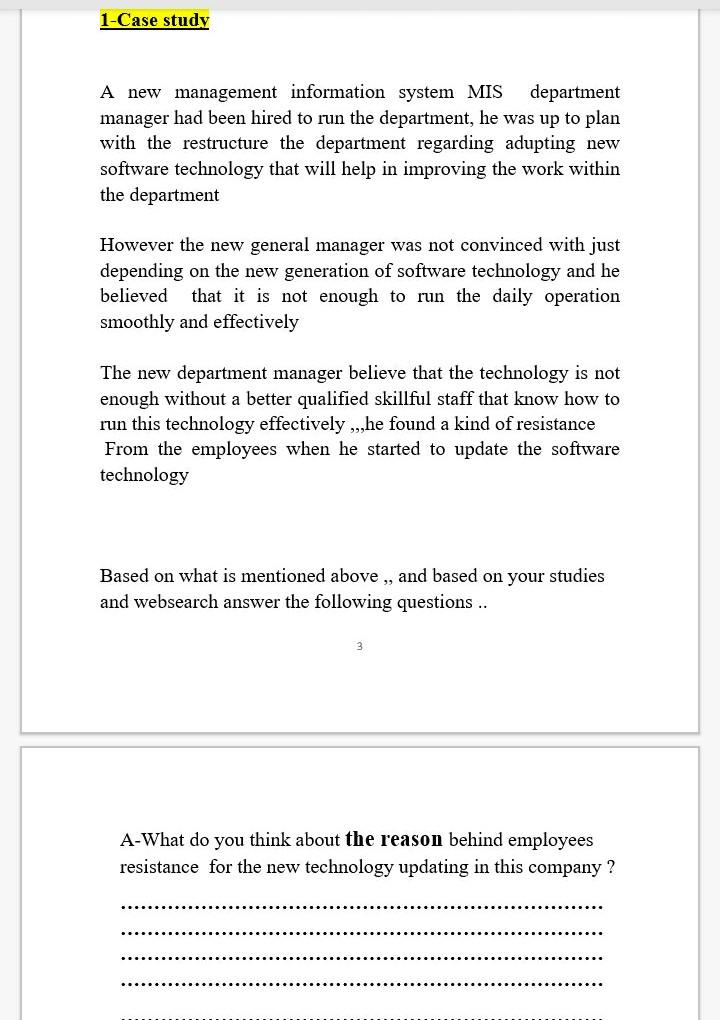 1-Case study A new management information system MIS | Chegg.com