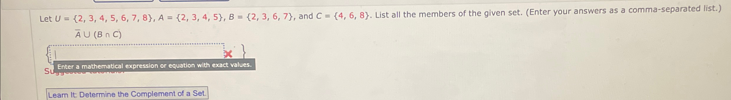 Solved Let U={2,3,4,5,6,7,8},A={2,3,4,5},B={2,3,6,7}, and | Chegg.com Solved Let U={2,3,4,5,6,7,8},A={2,3,4,5},B={2,3,6,7}, and | Chegg.com