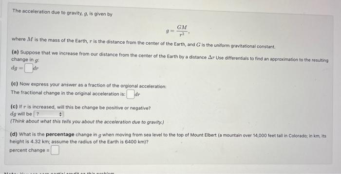 Solved The acceleration due to gravity, g1 is given by | Chegg.com