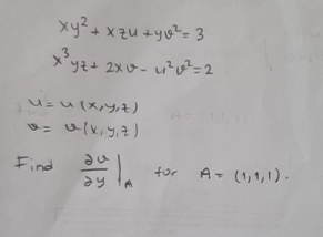 Solved xy2+xzu+yv2=3x3yz+2xv-u2v2=2u=u(x,y,z)v=u(x,y,z)Find | Chegg.com