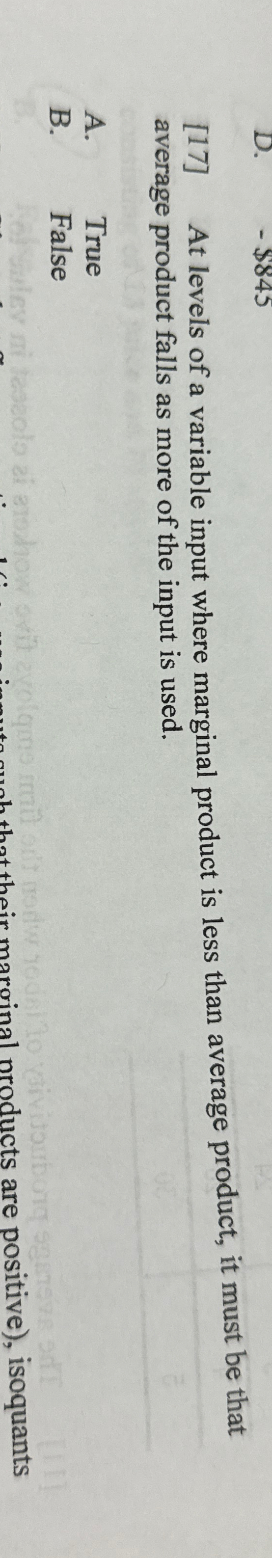 Solved [17] ﻿At levels of a variable input where marginal | Chegg.com