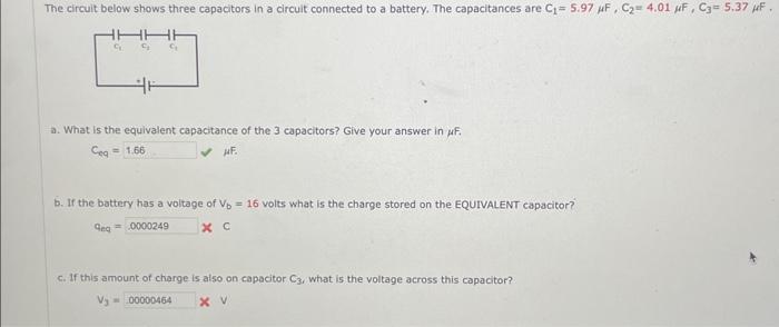 Solved The circuit below shows three capacitors in a circuit | Chegg.com