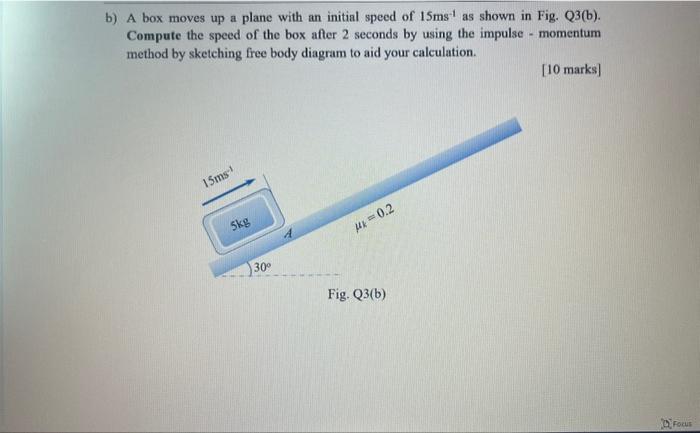 Solved b) A box moves up a plane with an initial speed of 15 | Chegg.com