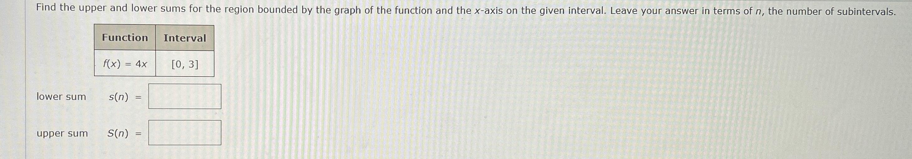 Solved \table[[Function,Interval],[f(x)=4x,0,3 | Chegg.com