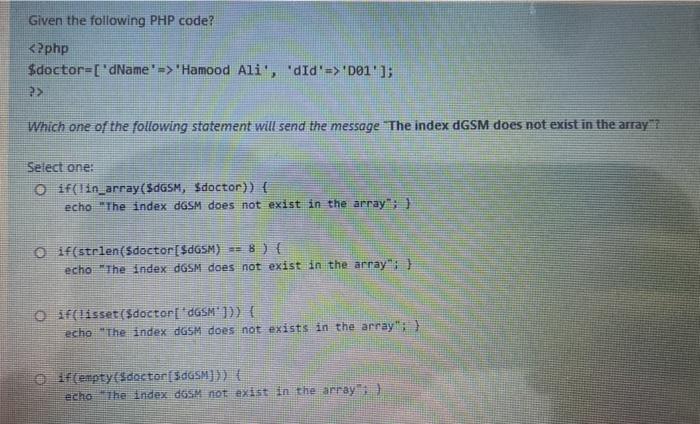 Solved Given the following PHP code? 'Hamood Ali', "did' => | Chegg.com