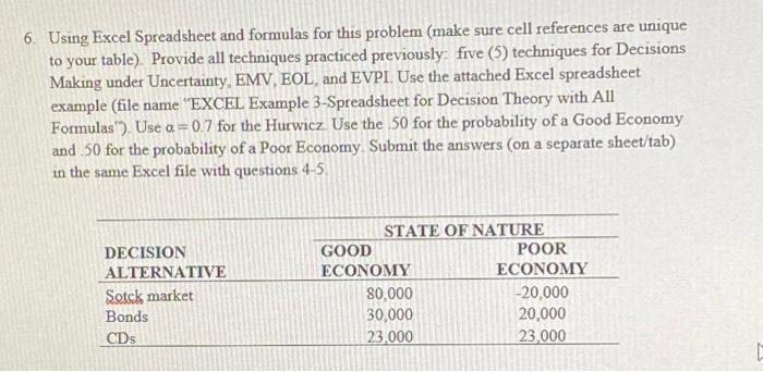 Solved 6. Using Excel Spreadsheet and formulas for this | Chegg.com