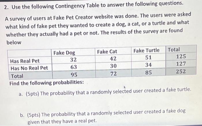 Solved 2. Use the following Contingency Table to answer the | Chegg.com