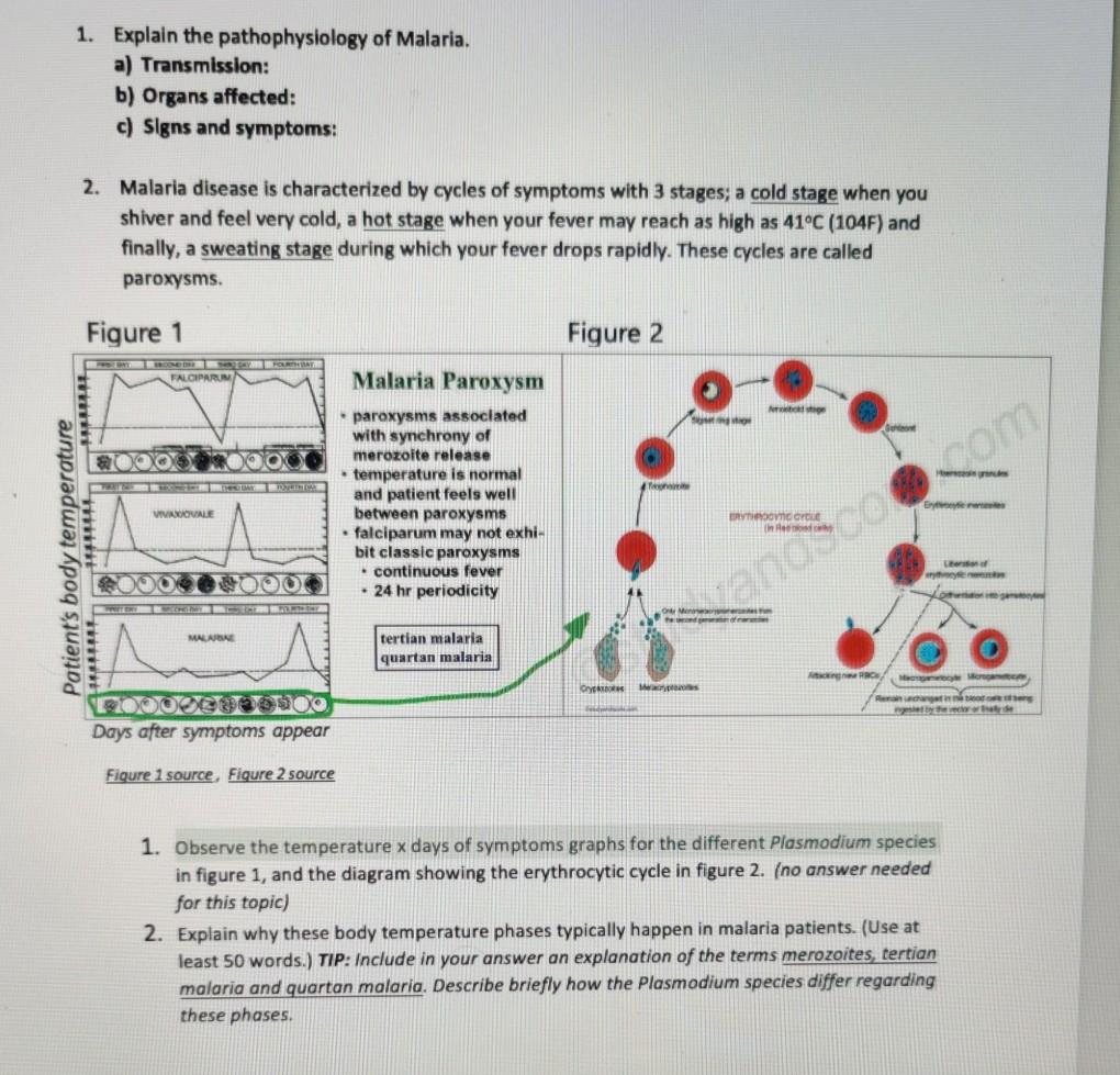 Solved 1. Explain the pathophysiology of Malaria. a) | Chegg.com