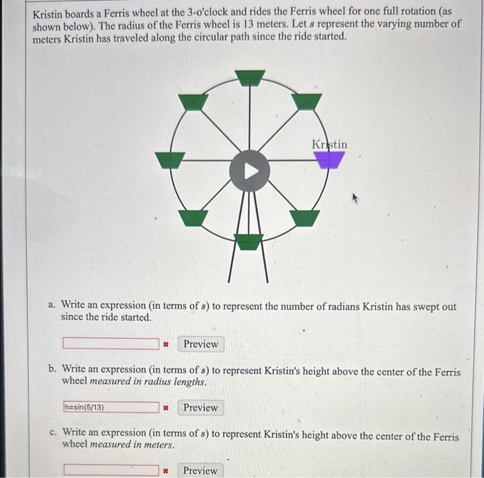 Solved Kristin boards a Ferris wheel at the 3-o'clock and | Chegg.com