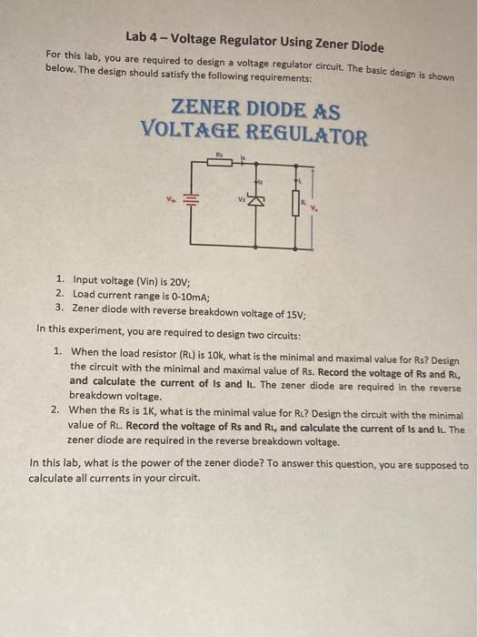 Solved Lab 4 - Voltage Regulator Using Zener Diode For this | Chegg.com