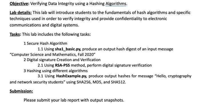 Solved Objective: Verifying Data Integrity using a Hashing | Chegg.com