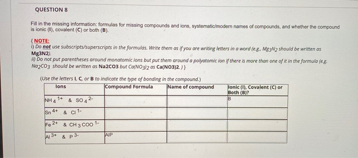 Solved QUESTION 8 Fill in the missing information formulas | Chegg.com