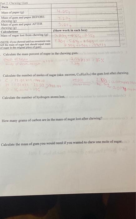 Solved Part 2: Chewing Gum Data 5.61 Mass of paper (8) Mass | Chegg.com