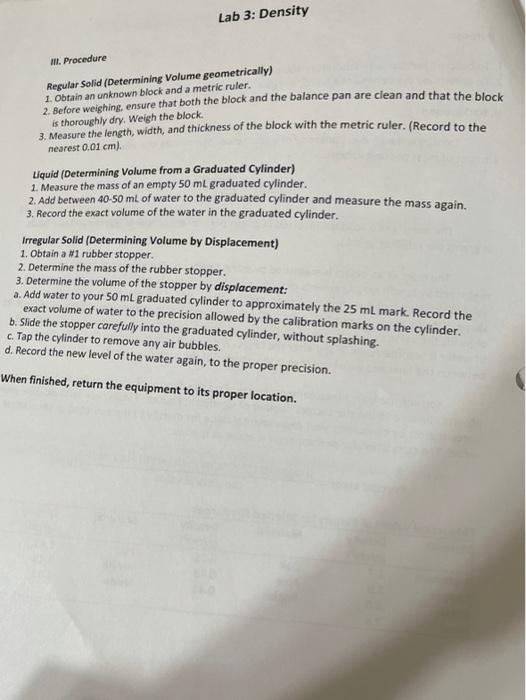 Solved Lab 3: Density 1. Purpose 1. To become familiar with | Chegg.com