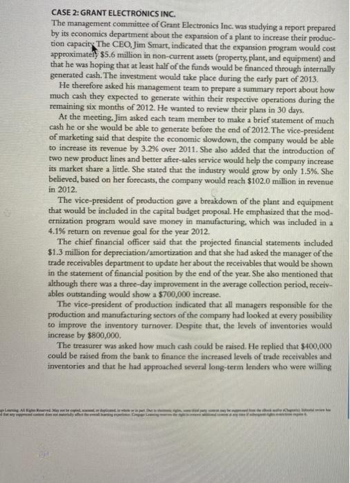 Solved CASE 2: GRANT ELECTRONICS INC. The management | Chegg.com