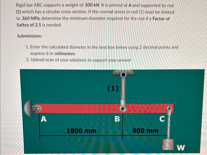 Solved Rigid bar ABC supports a weight of 500kN. It is | Chegg.com