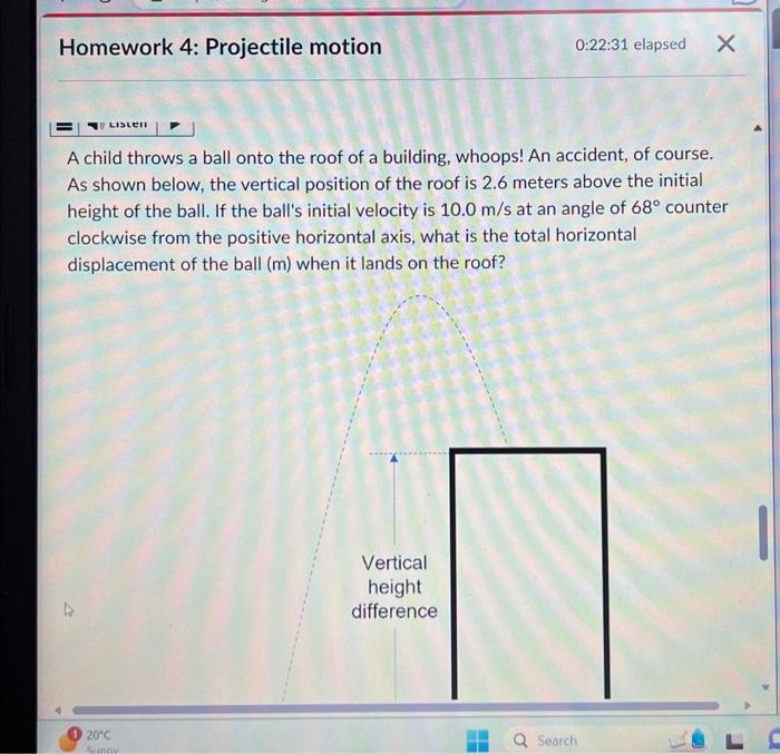 Solved A child throws a ball onto the roof of a building, | Chegg.com