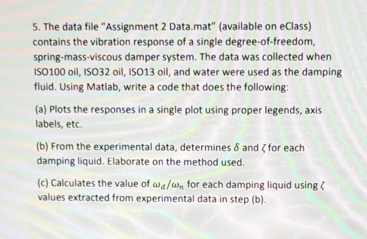 Solved 5. The data file "Assignment 2 Data.mat" (available | Chegg.com