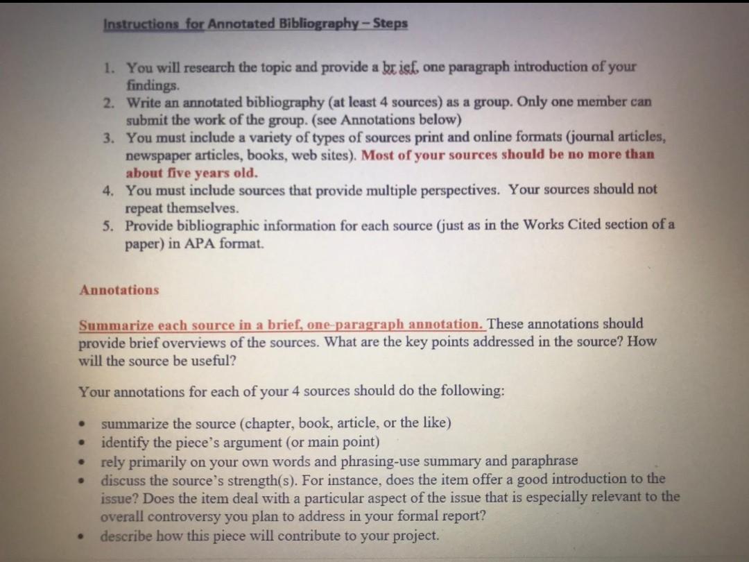 Instructions for Annotated Bibliography - Steps 1. | Chegg.com