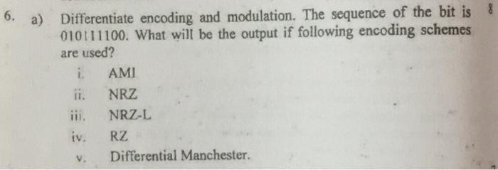 Solved 6. a) Differentiate encoding and modulation. The | Chegg.com