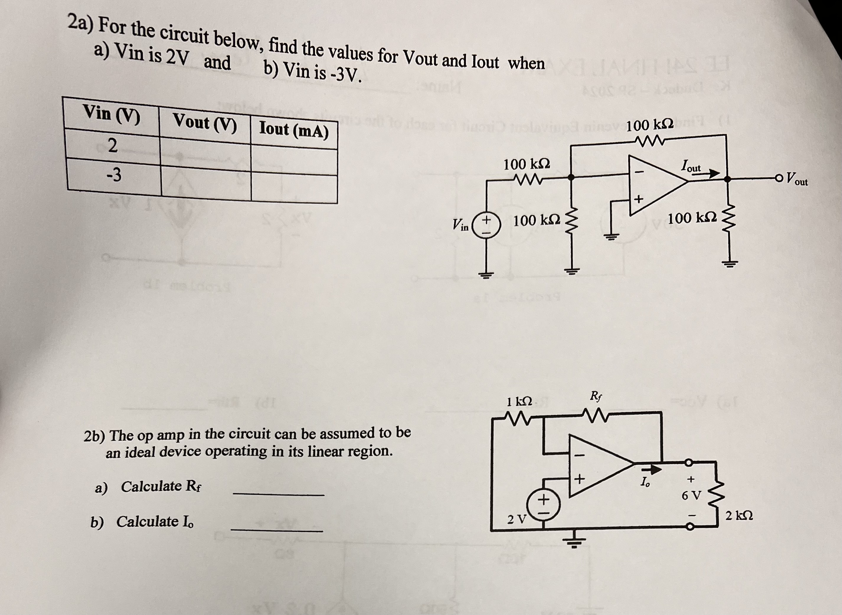 Solved 2a) ﻿For the circuit below, find the values for Vout | Chegg.com