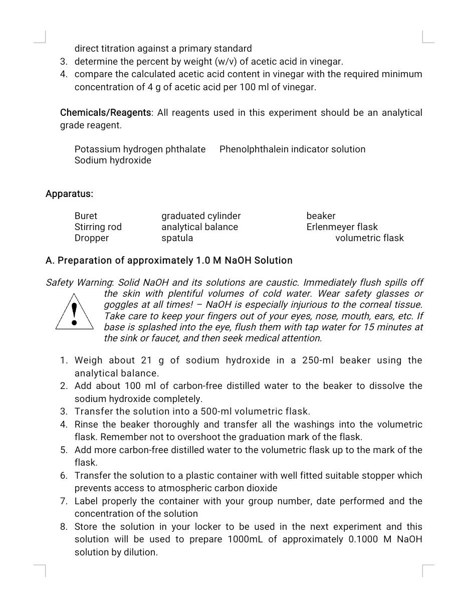 Experiment # 5 Determination of Acetic Acid in | Chegg.com