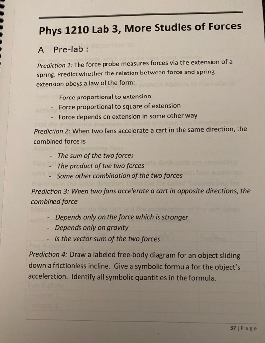 Solved Phys 1210 Lab 3, More Studies of Forces A Pre-lab: | Chegg.com