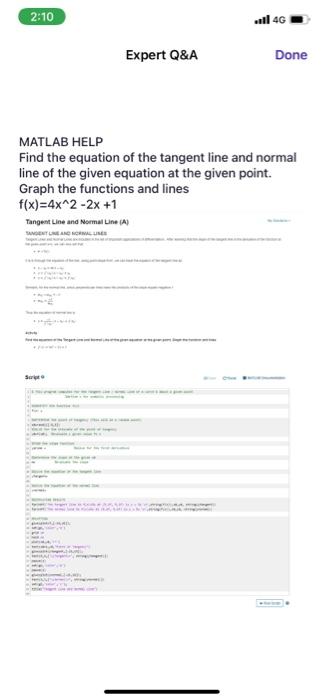 Solved MATLAB HELP Find the equation of the tangent line and | Chegg.com