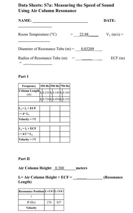 Data Sheets: S7a: Measuring the Speed of Sound Using | Chegg.com